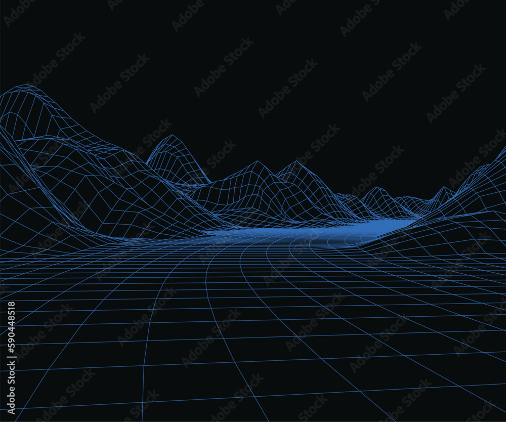 Wireframe mountains. Highway bend among mountain peaks, digital video ...