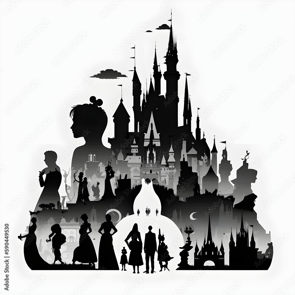 Flat design black and white with every Disney character silhouette that ...