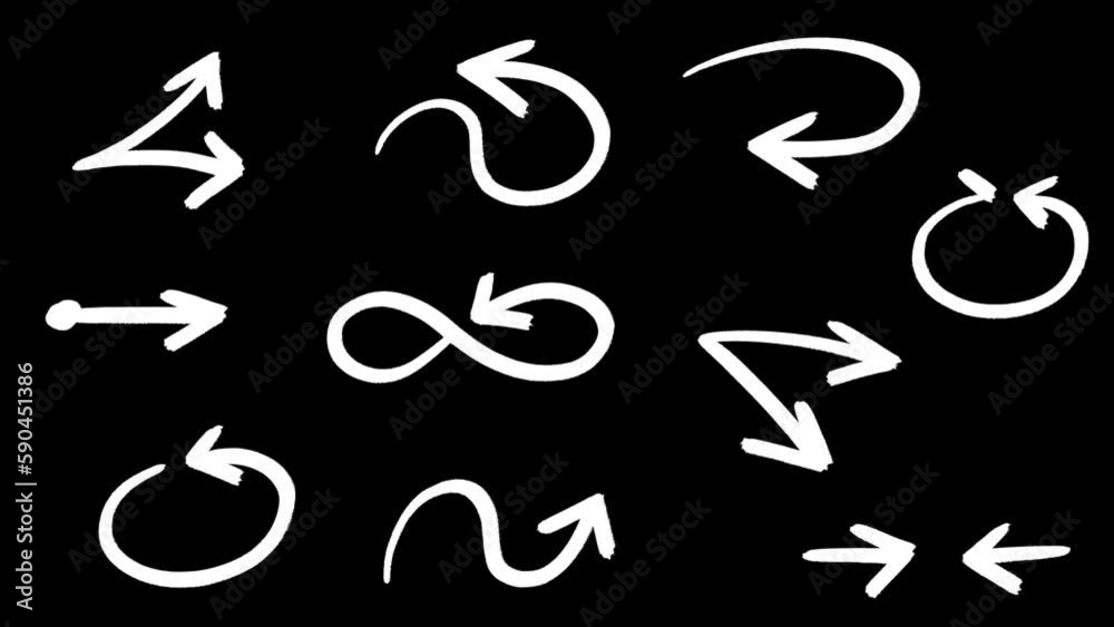 Arrows set version 2 animated hand drawn white on black. Slow animation ...