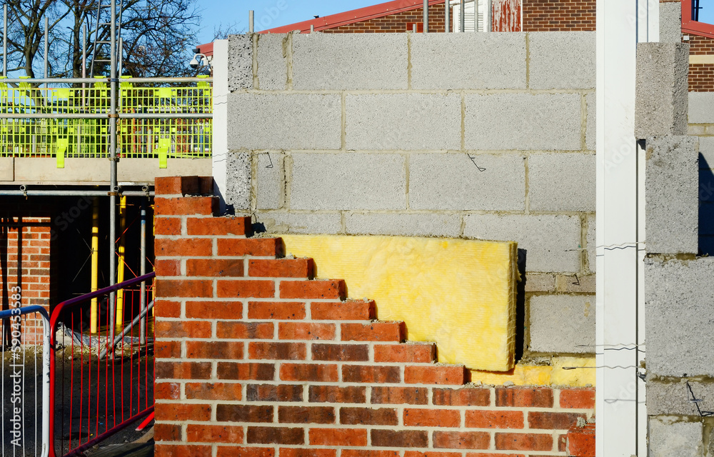 Insulating walls of new build houses by placing rock wool inside wall ...