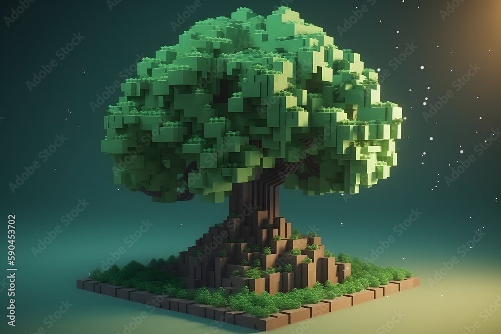 3d illustration render of cubic tree with green leaves and background ...