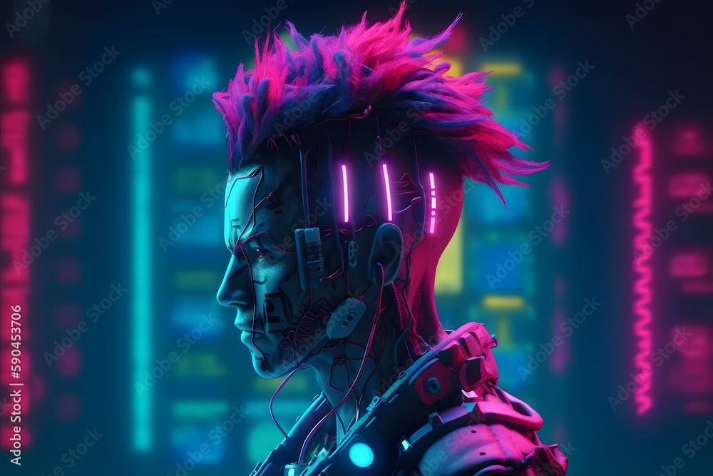 Retrowave cyberpunk cyborg robot criminal hacker. 3D illustration of ...
