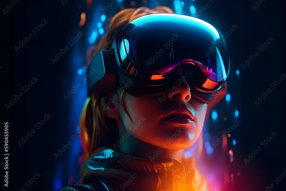 3d realistic female character with futuristic VR glasses and headset ...