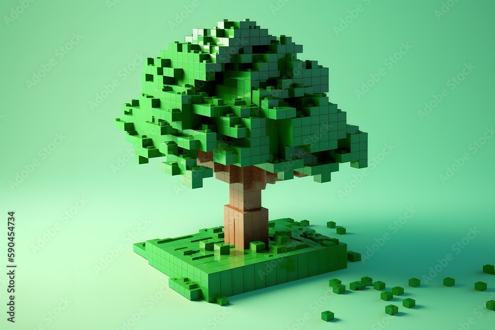 3d illustration render of cubic tree with green leaves and background ...