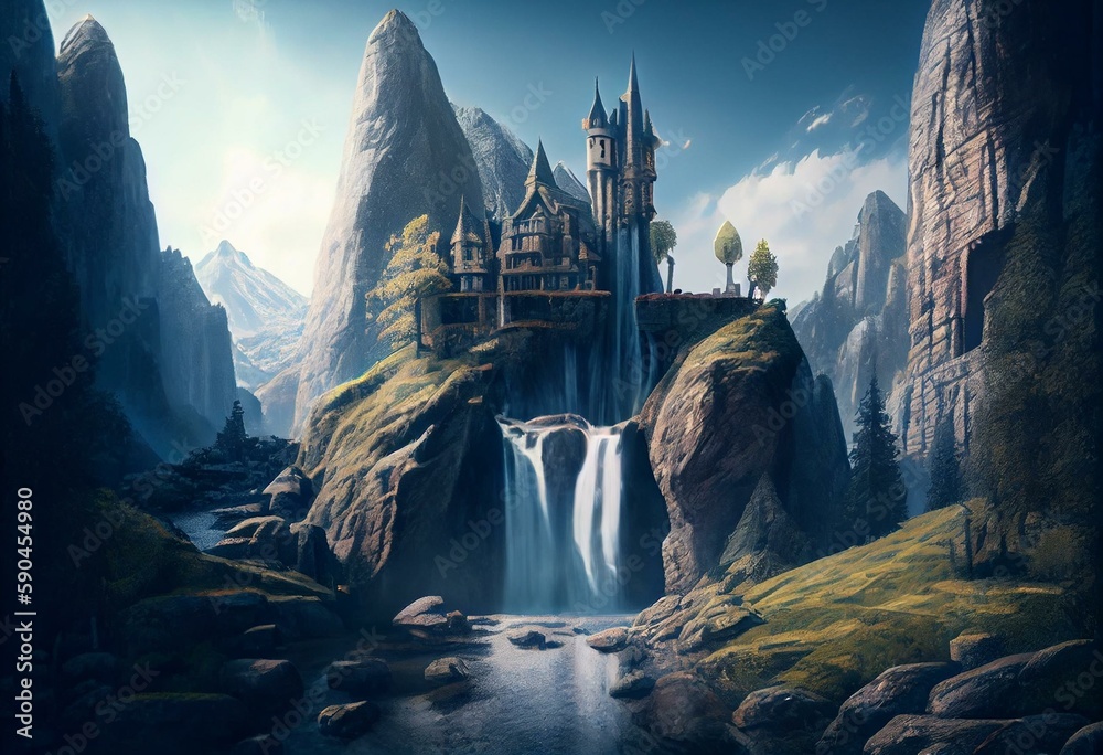 Fantasy castle and waterfall in the mountains. Ancient fairy tale elves ...