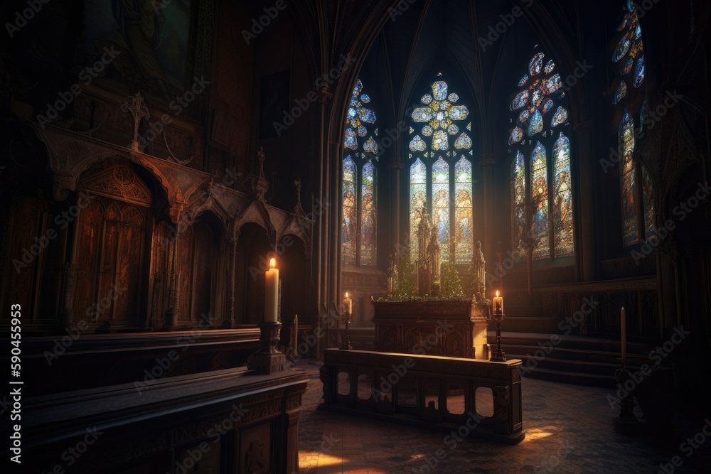 Stockillustratie interior of a dark and epic church, with details such ...
