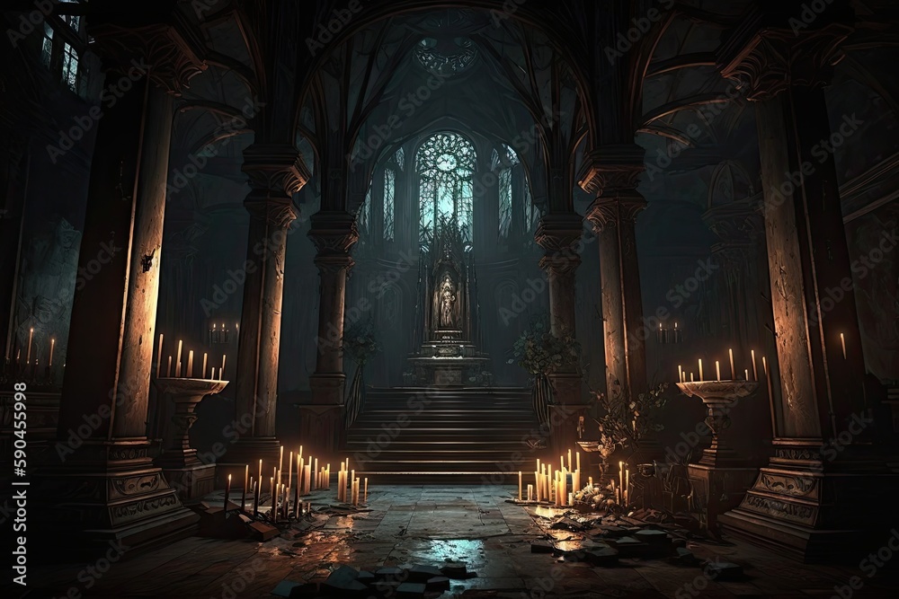interior of a dark and epic church, with details such as flickering ...
