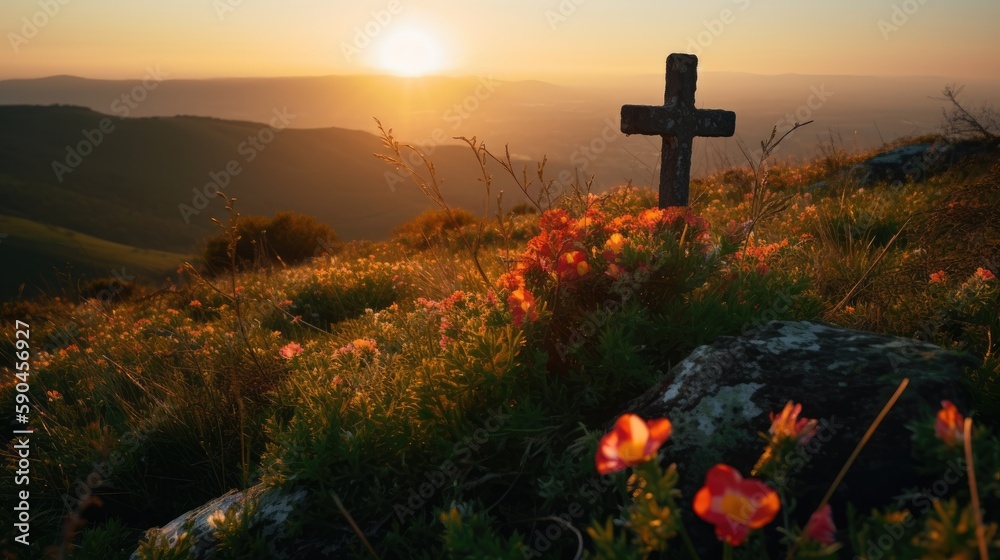 Cross in Field of Flowers with Setting Sun created with generative AI ...