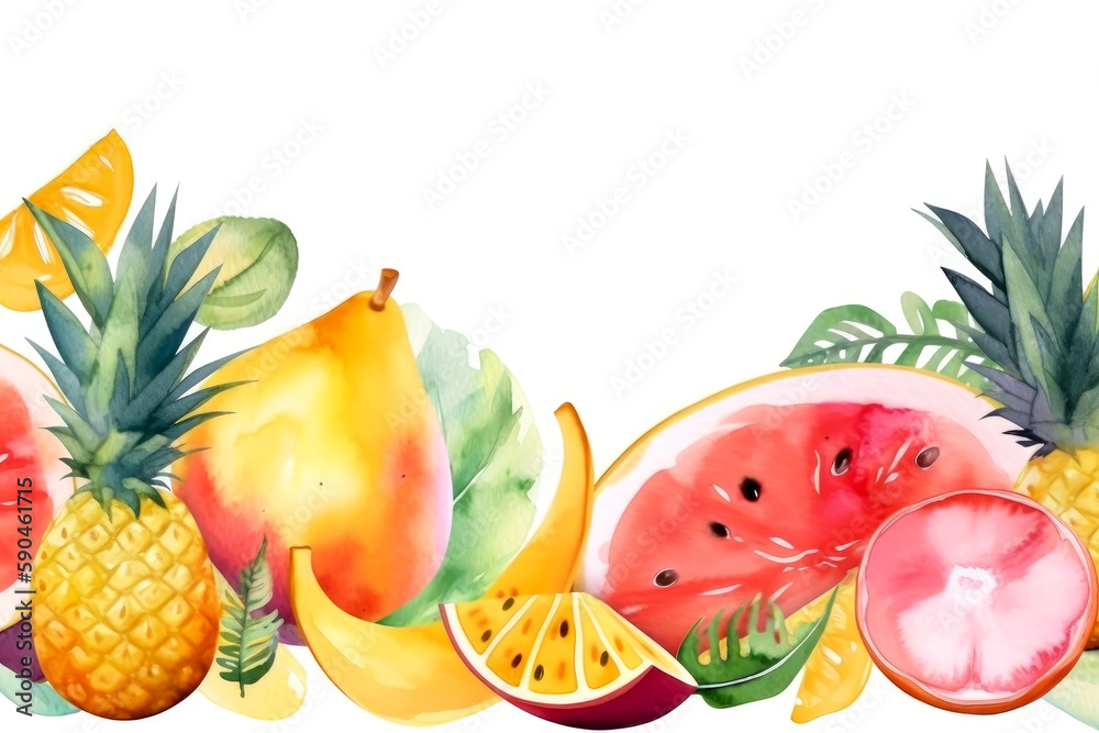 Watercolor set of exotic fruits. Watercolor fruits background. Exotic ...