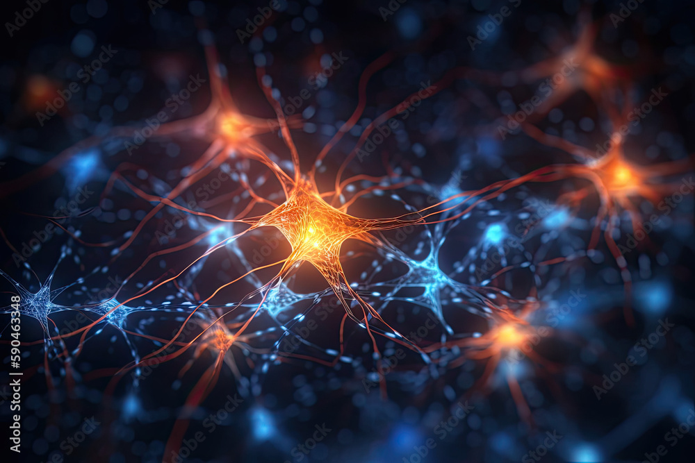 Conceptual illustration of neuron cells with glowing link knots. Blue ...