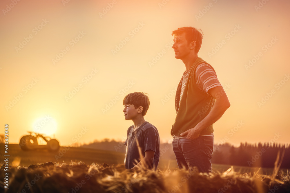 Father farmer with son in front of a sunset agricultural landscape, AI ...