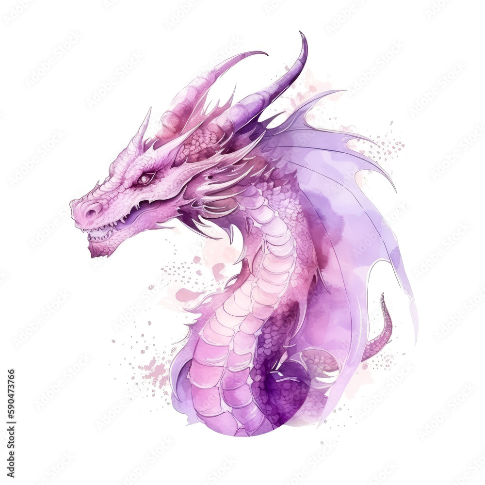 Purple dragon head on a white background. Ancient watercolor purple ...