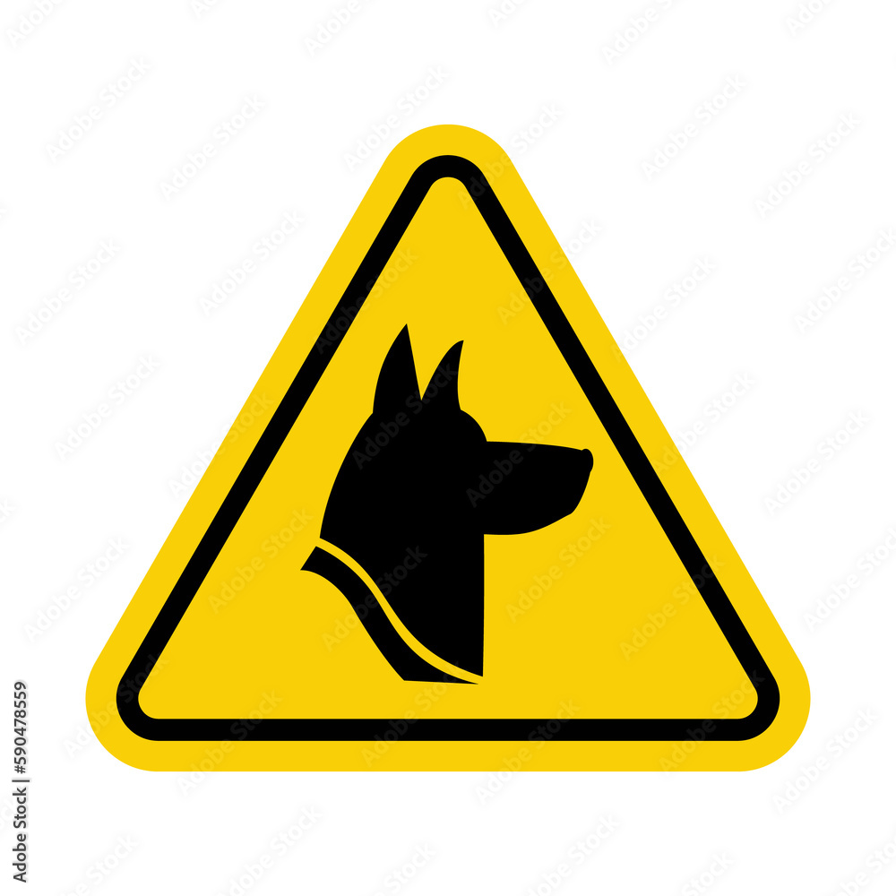 Sign Caution dog. Dangerous guard dog. Yellow triangle sign with a dog ...