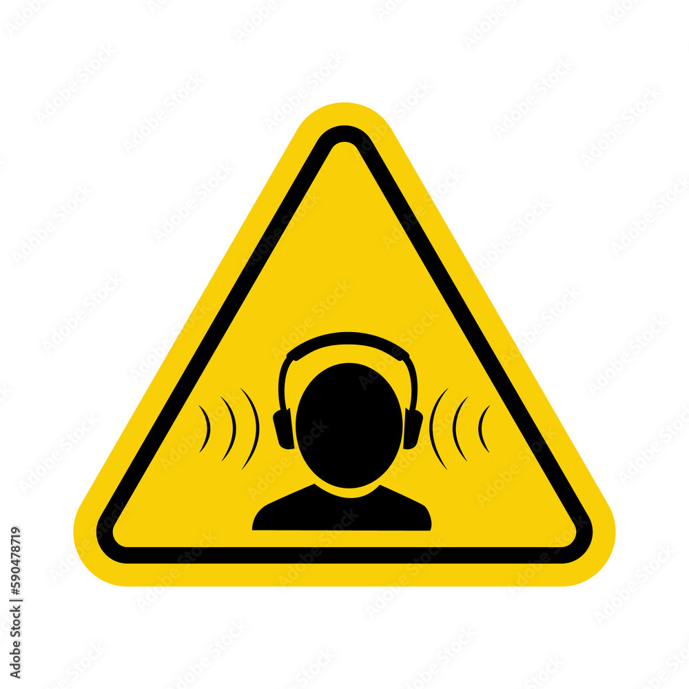Hearing protection sign. High noise level warning sign. Yellow triangle ...