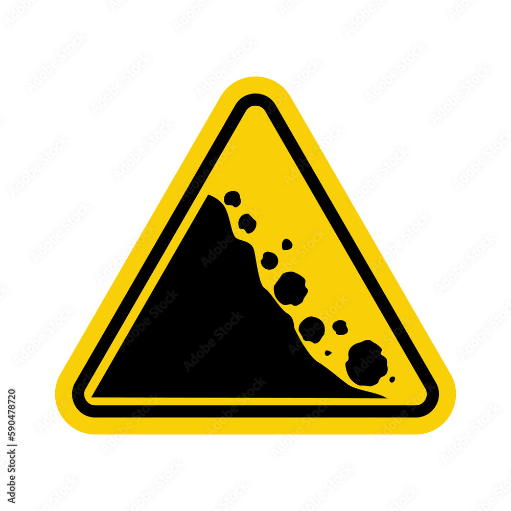 Falling stones sign. Warning road sign falling stones. Yellow triangle ...