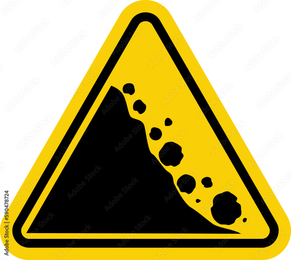 Falling stones sign. Warning road sign falling stones. Yellow triangle ...