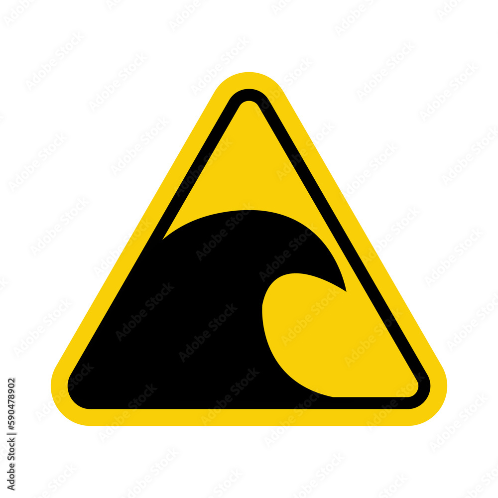 Tsunami sign. Tsunami warning sign. Yellow triangle sign with tsunami ...