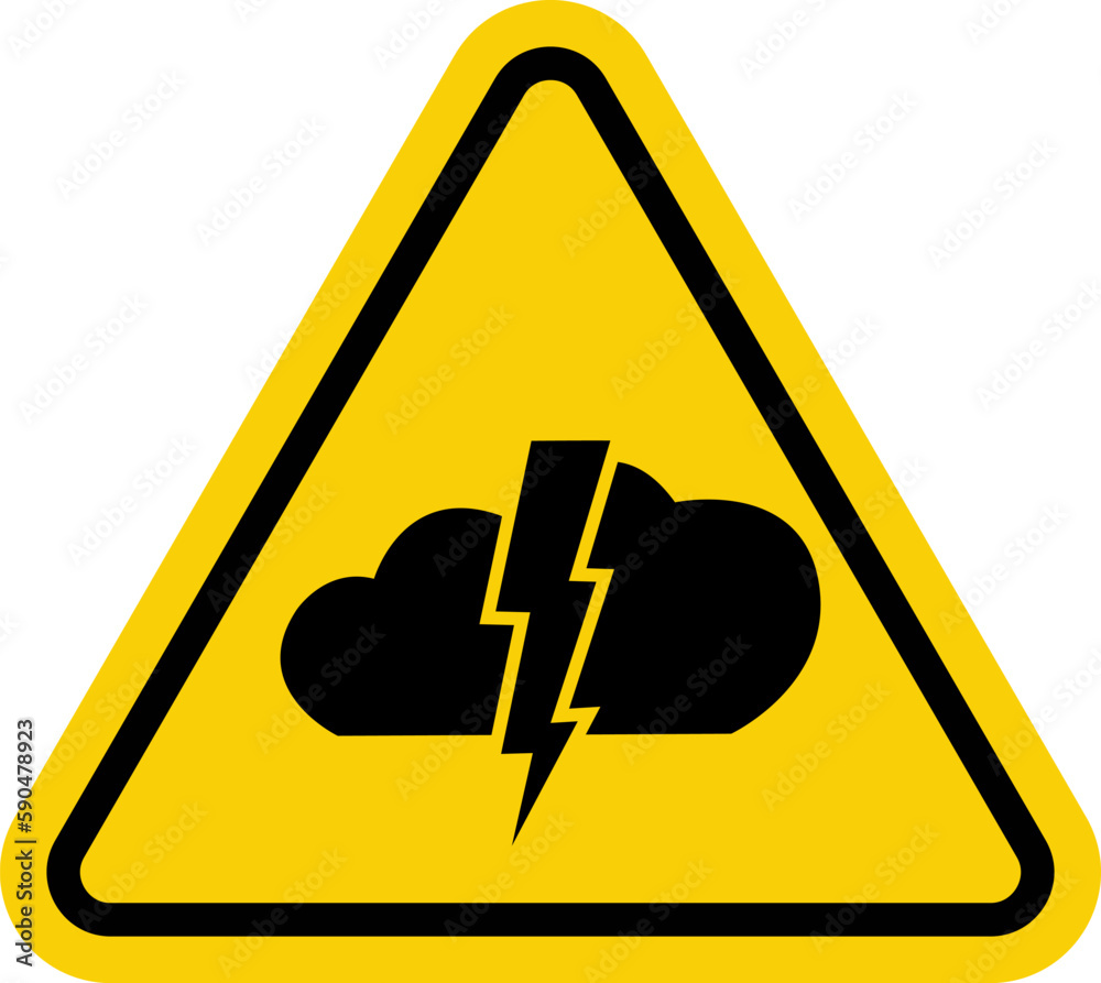 Storm warning sign. Yellow triangle sign with lightning and cloud icon ...