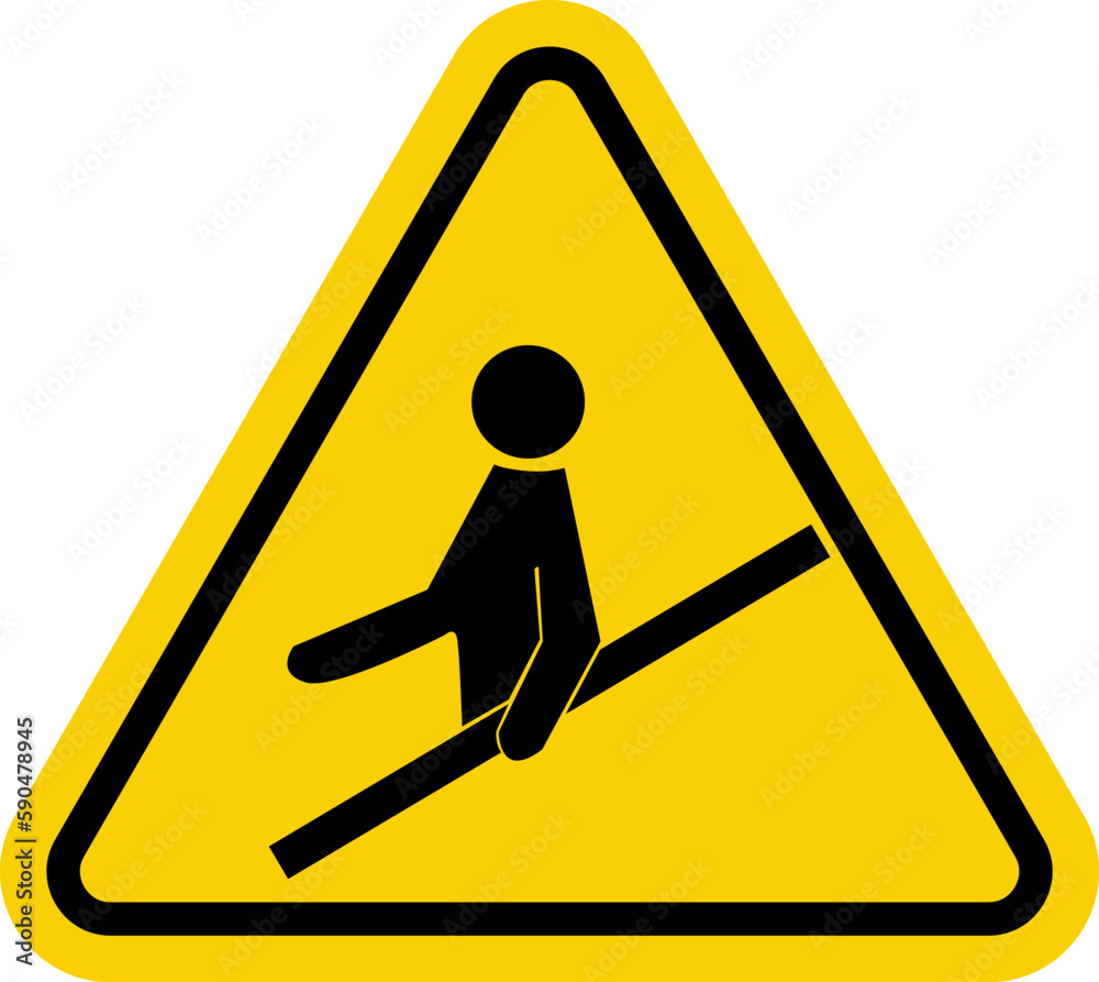 Railing sign. Warning sign use railing. Yellow triangle sign with icon ...