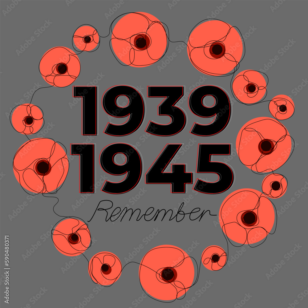 Round frame with single line poppies on a gray background. Memory of ...