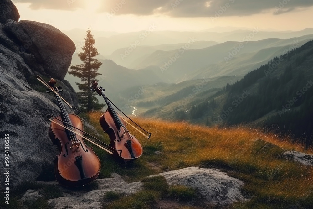 cello musical instruments in a beautiful landscape Generative AI Stock ...