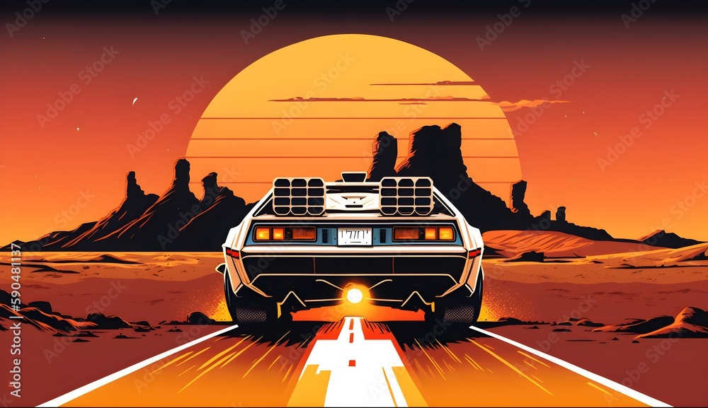Delorean time machine from back to the future 2 on a road an art deco ...