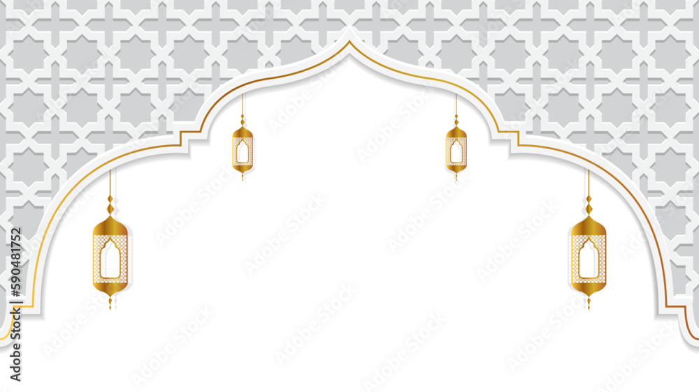 islamic background in white and gold color with lantern illustration ...