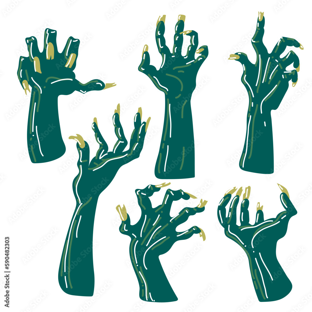 A set of zombie hands in retro style with highlights on a white ...