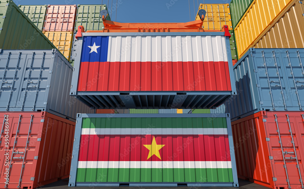 Cargo containers with Suriname and Chile national flags. 3D Rendering ...