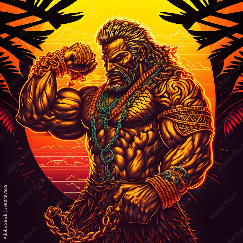 Maui Demigod of Polynesia fighing the sun with massive chains synthwave ...