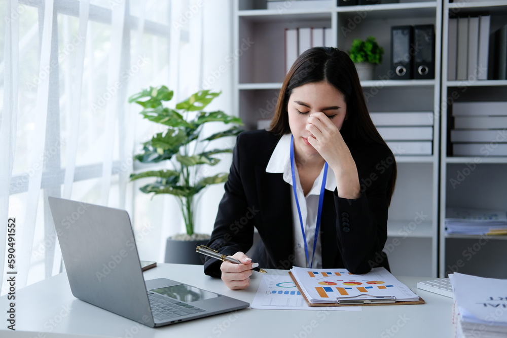 Businesswoman tired and stressed with overworked at desk, woman asian ...