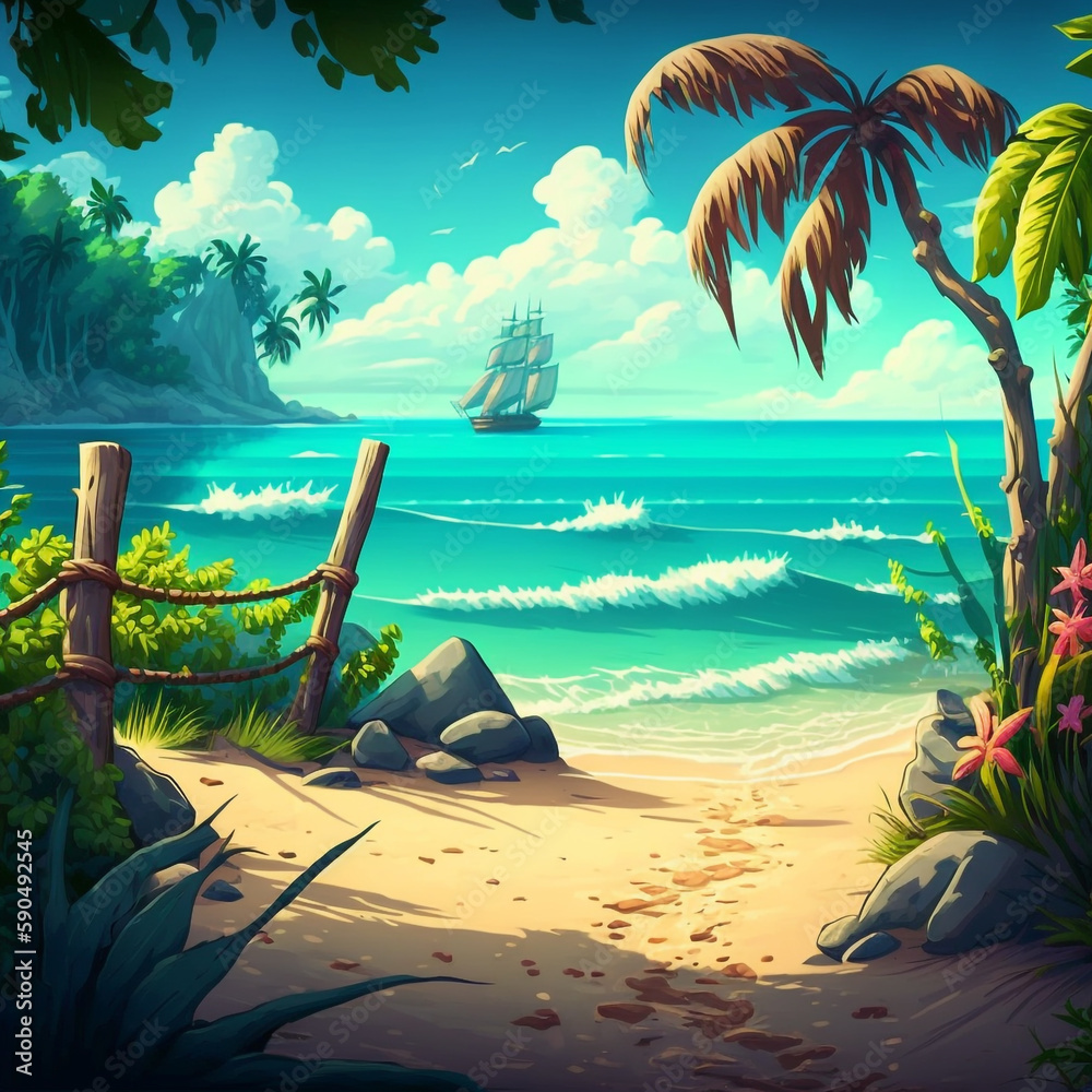 Tropical beach paradise with crystal clear water Forest landscape rope ...