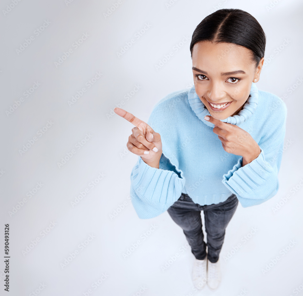 Happy mockup portrait, woman face and pointing at sales promotion, advertising copy space or ...