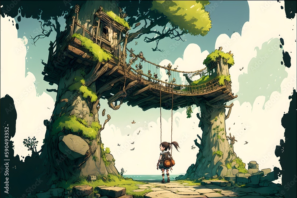 Ilustracja Stock: huge big rope bridge low angle overwatch style ...