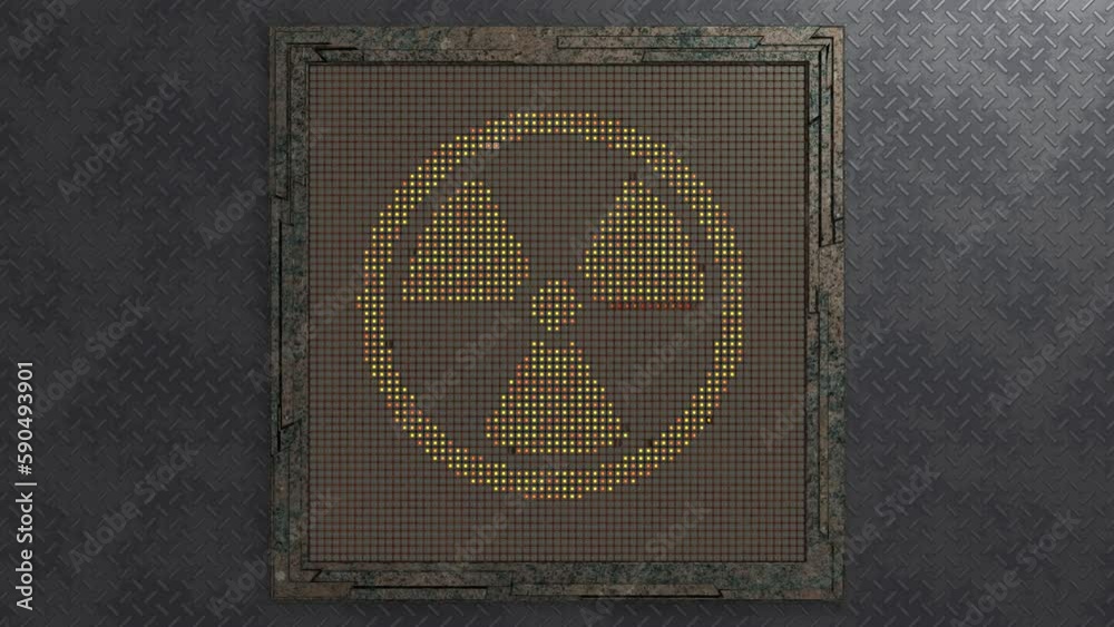 Loop 3d animation of the emerging radiation sign. Vintage monitor. An ...
