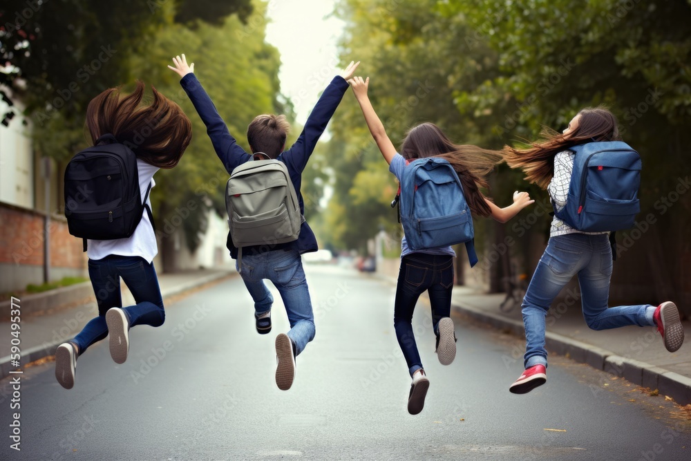 3 kids jumping playful in street city Stock Illustration | Adobe Stock