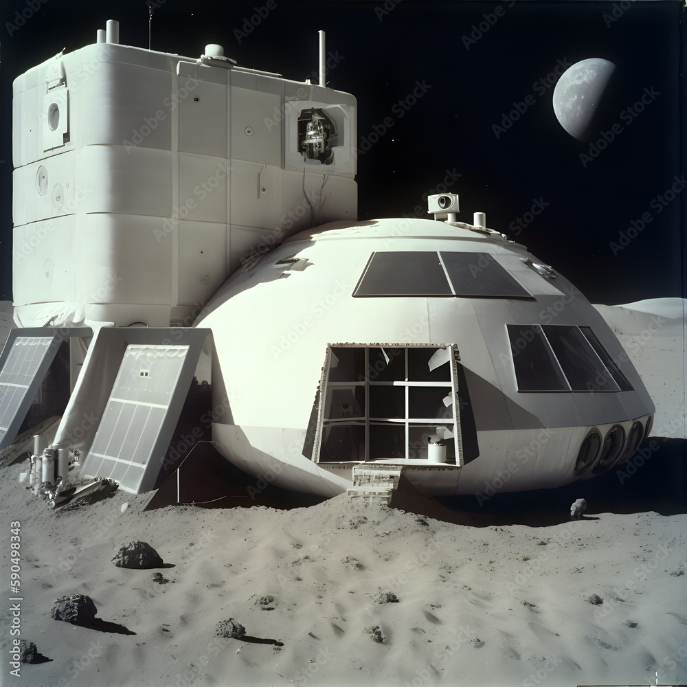 A singlestory futuristic building located on the moon The exterior is ...