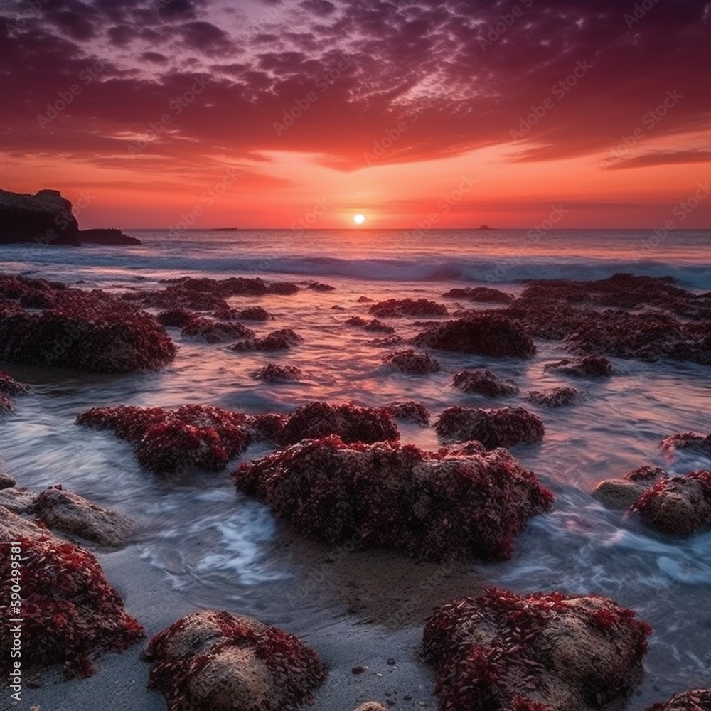Generate a description of a beautiful sunset on a beautiful rocky ocean ...