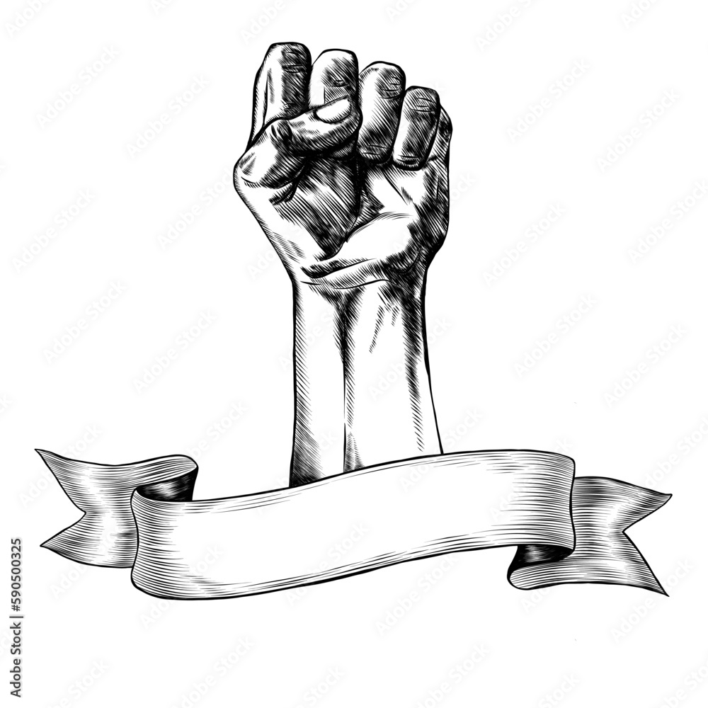 clenched fist raised hand vintage sketch. Vector hand drawn ...