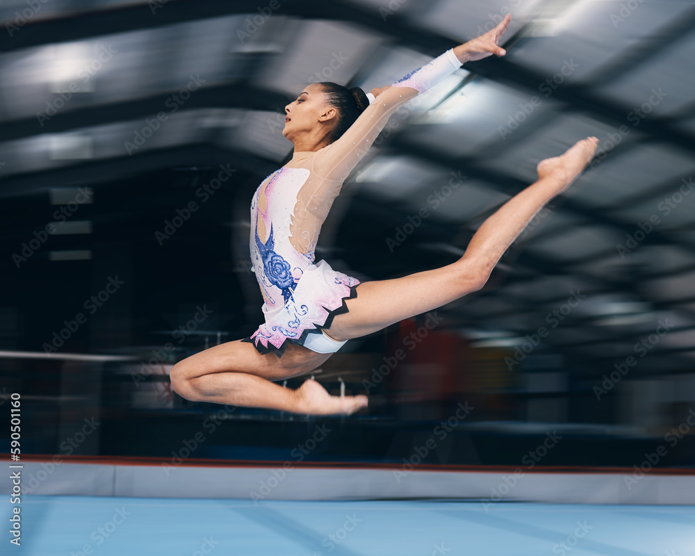 Woman, gymnastics and jump in motion blur for performance, flexible ...