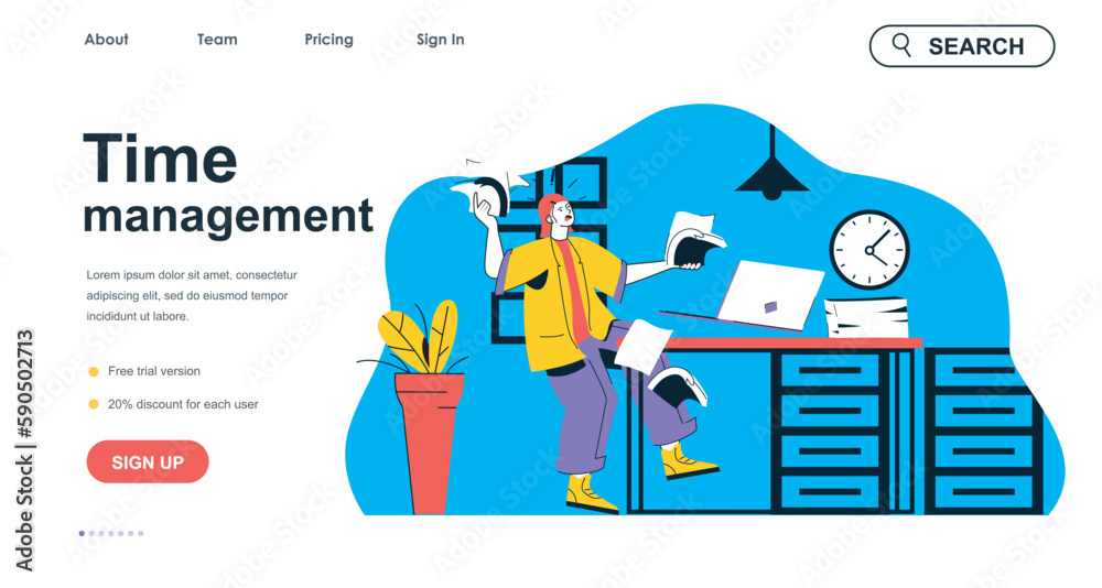 Time management concept for landing page template. Employee hurries to ...