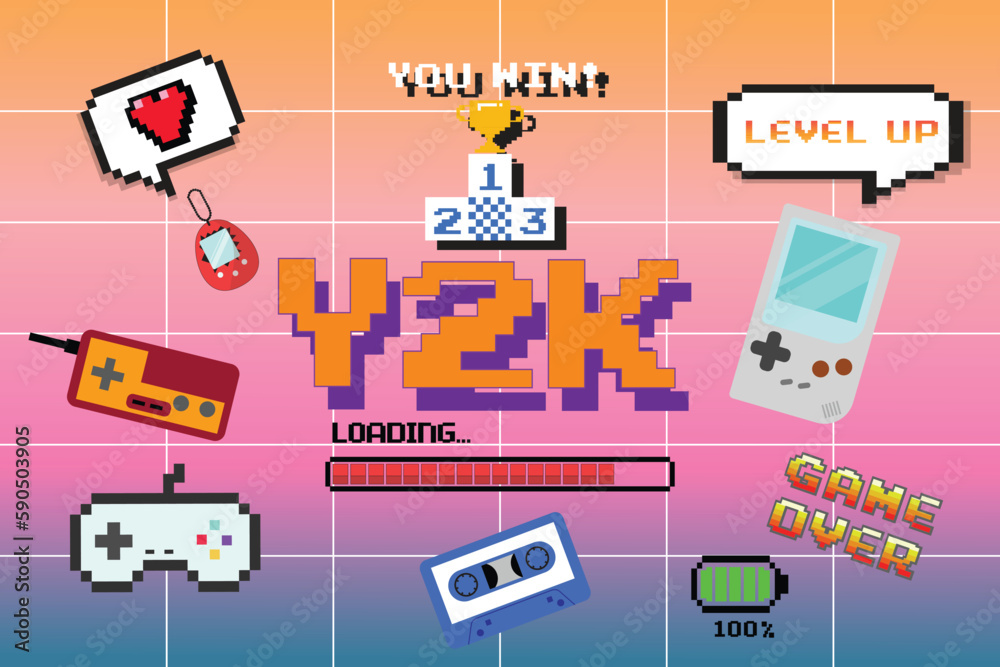 Y2K trendy set of objects, retro game,digital pet,pager , 1990s 2000s ...