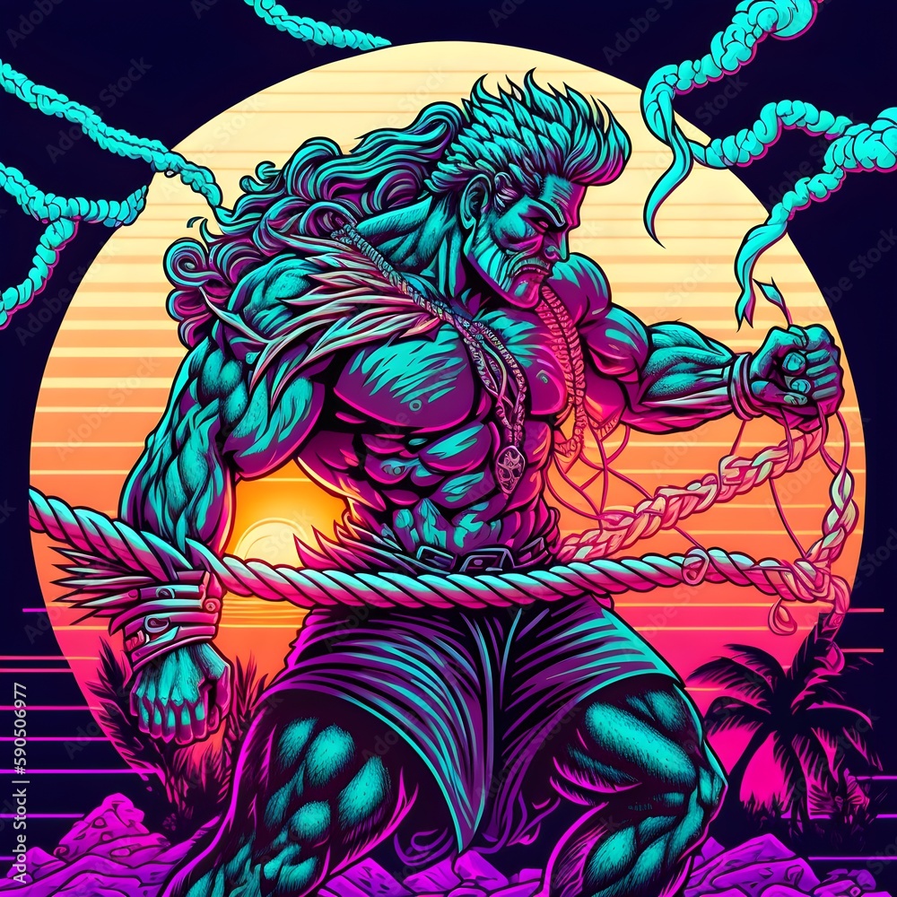 Maui Demigod of Polynesia fighing the sun with rope synthwave style ...
