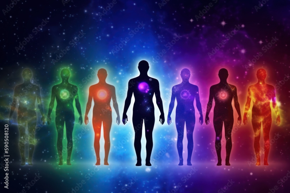 Meditating human silhouette in yoga pose. Galaxy universe background ...