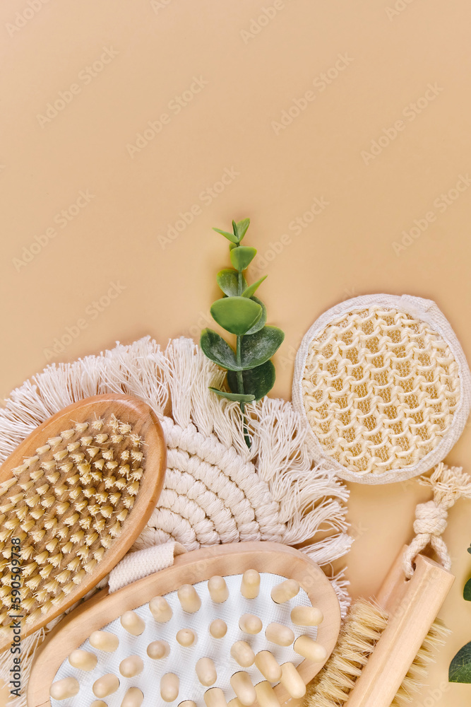 Concept of body care and dry massage. Gentle body treatment. Atmosphere ...