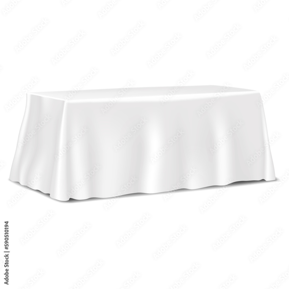 Table covered with blank tablecloth isolated on white background ...