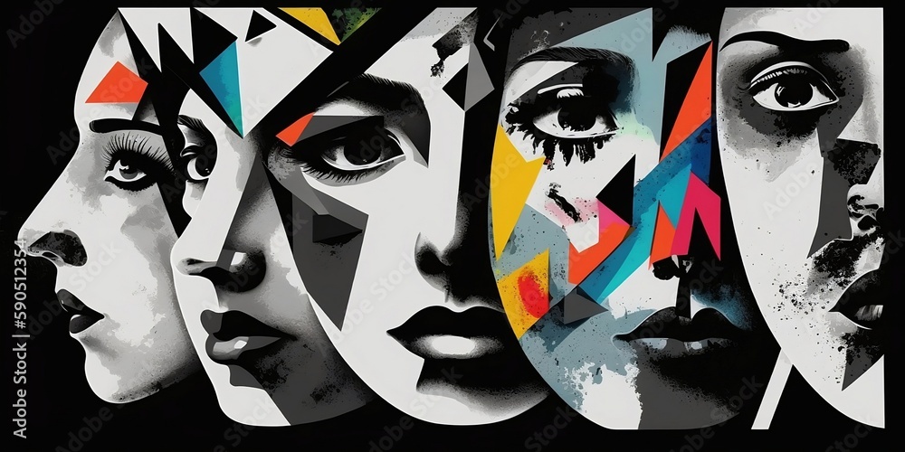 Abstract background with faces collage black and white and colours ...