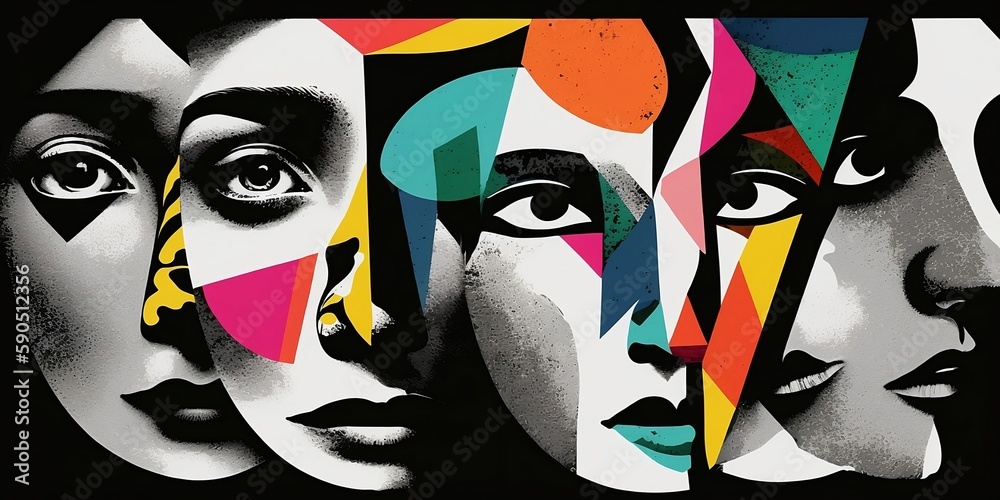 Abstract background with faces collage black and white and colours ...