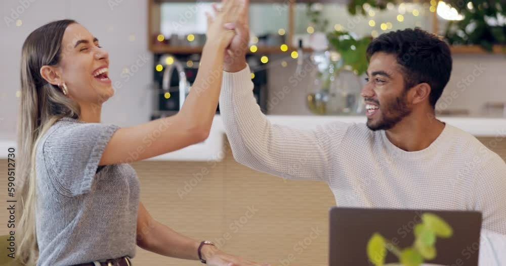 Business people, celebration and high five with documents for winning ...