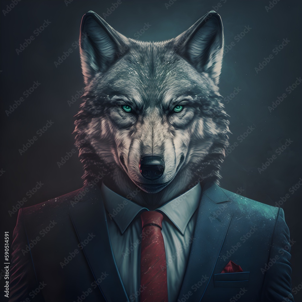 wolf head with a human torso in a suit cartoon portrait photo high ...